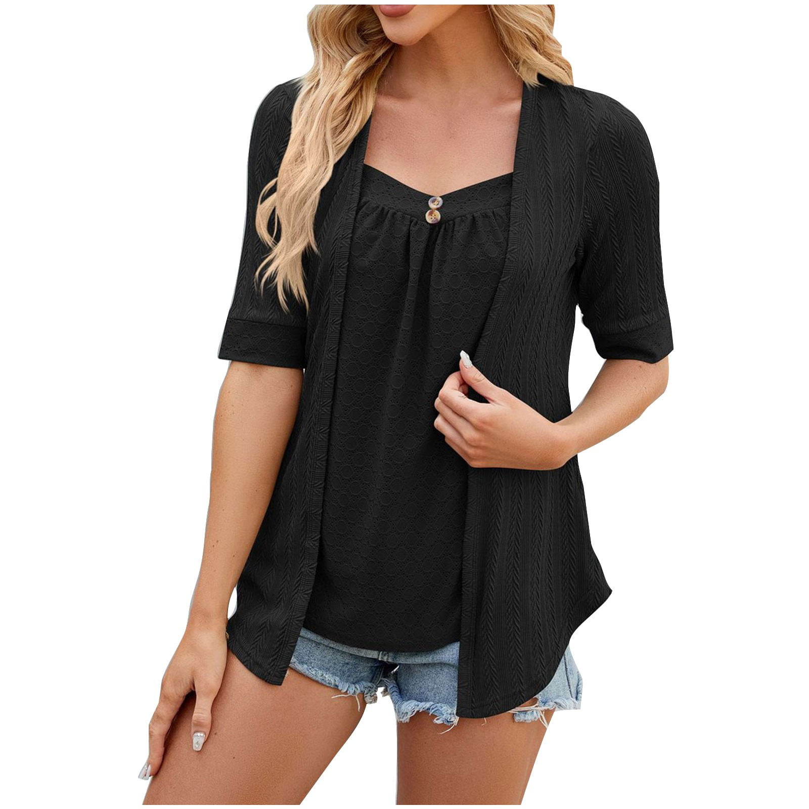 Mittory Layered Shirt Look for Women Cute 2 in 1 Blouse Summer Half ...