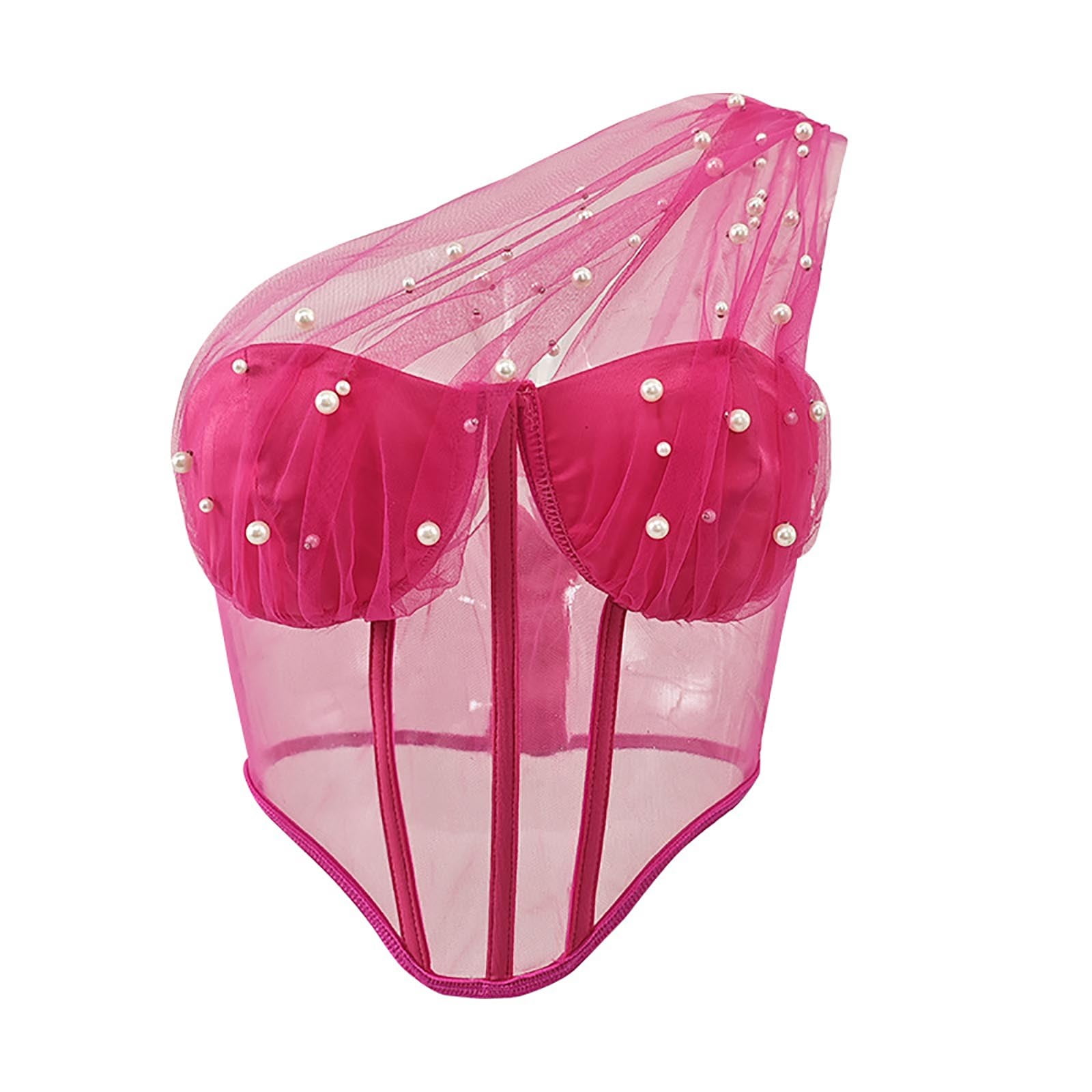 Mittory One Shoulder Sheer Corset Top Strapless Mesh Bustier Boned Back ...