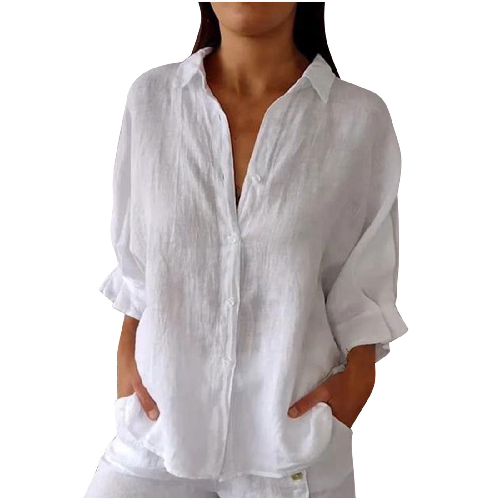 Mittory Women 3/4 Sleeve Cotton Linen Shirts Button Down Blouse Gauze ...