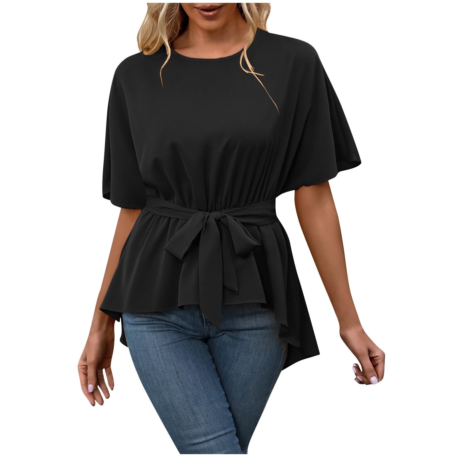 Mittory Women Half Sleeve Ruffle Slim Casual Belt Ruched High-Low ...
