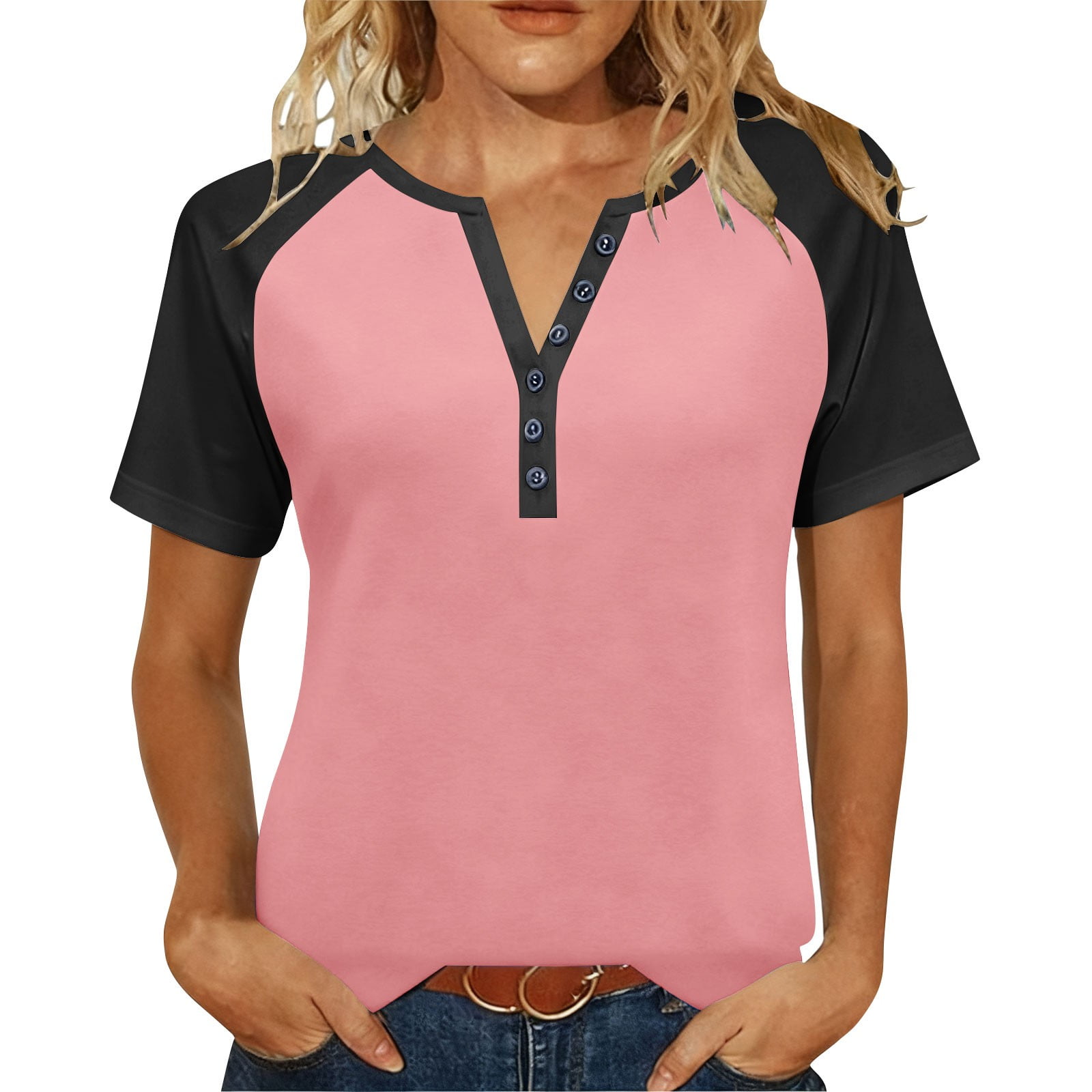 Mittory Women's Color Block Tunic Blouse, 3/4 Sleeve Button V-Neck ...