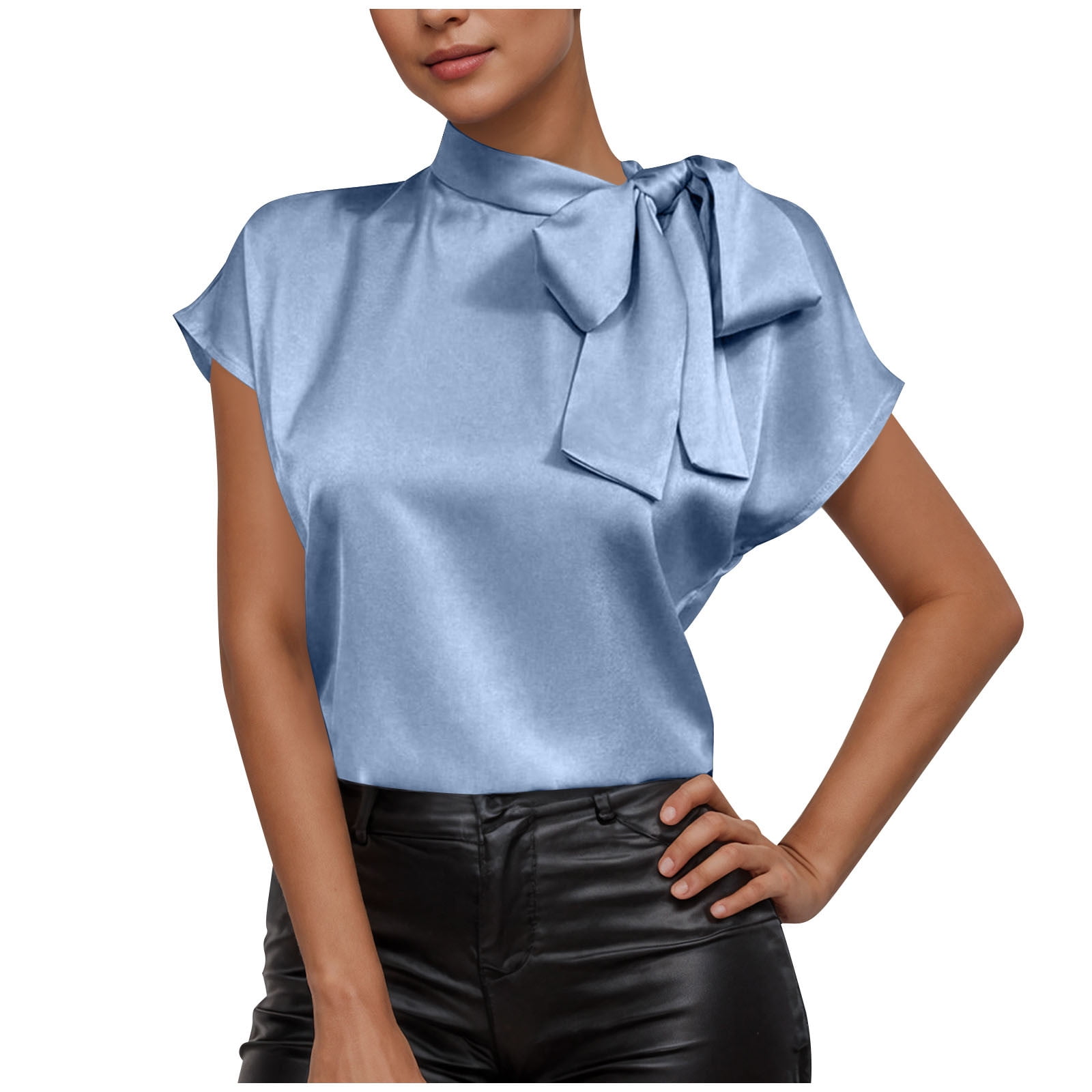 Mittory Women's Satin Tie Bow Front Top Half Open Ruffle Neck Cap ...