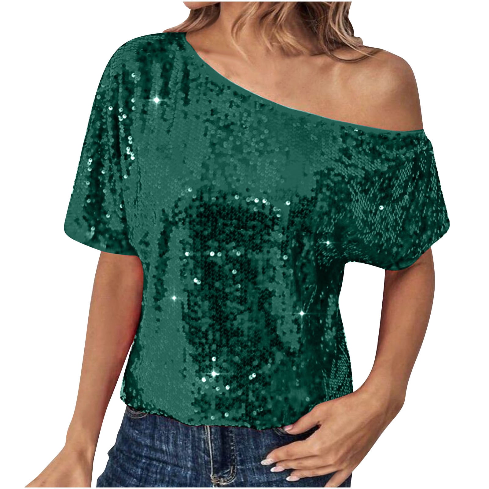 Mittory Women's Sequin One Shoulder Short Sleeve Top Party Club Sparkle ...