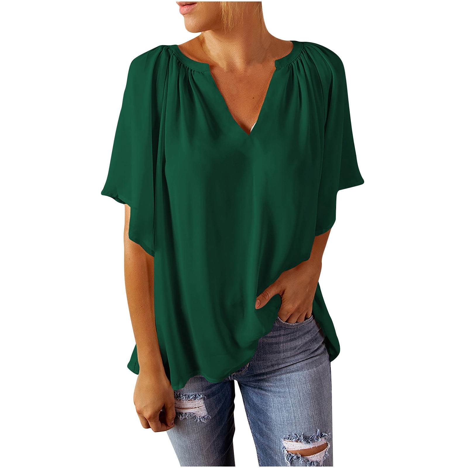 Mittory Womens Casual V Neck Loose 3/4 Bell Sleeve Chiffon Blouse Shirt ...