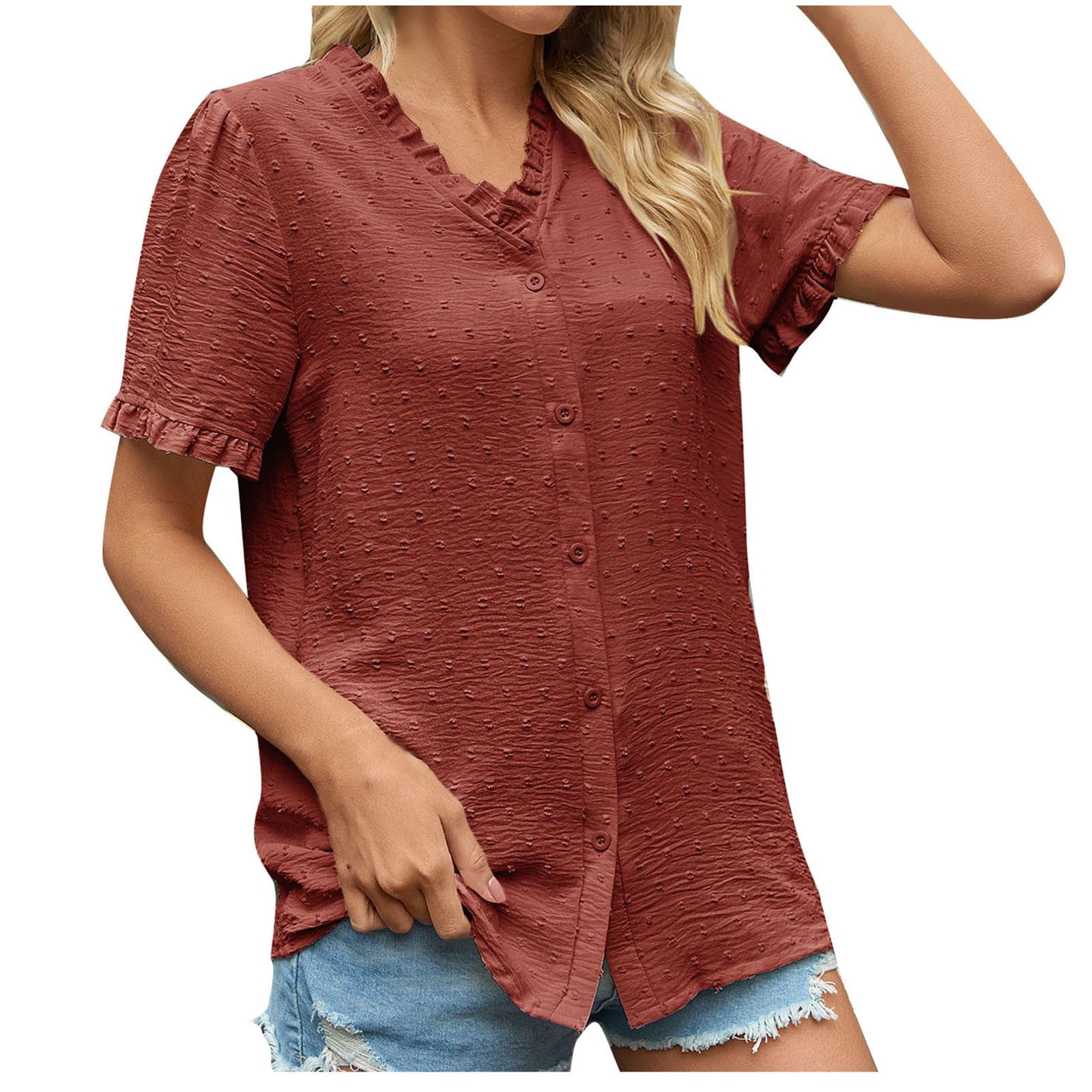 Mittory Womens Polka Dots Blouse Shirts Ruffles V-Neck Button Down ...
