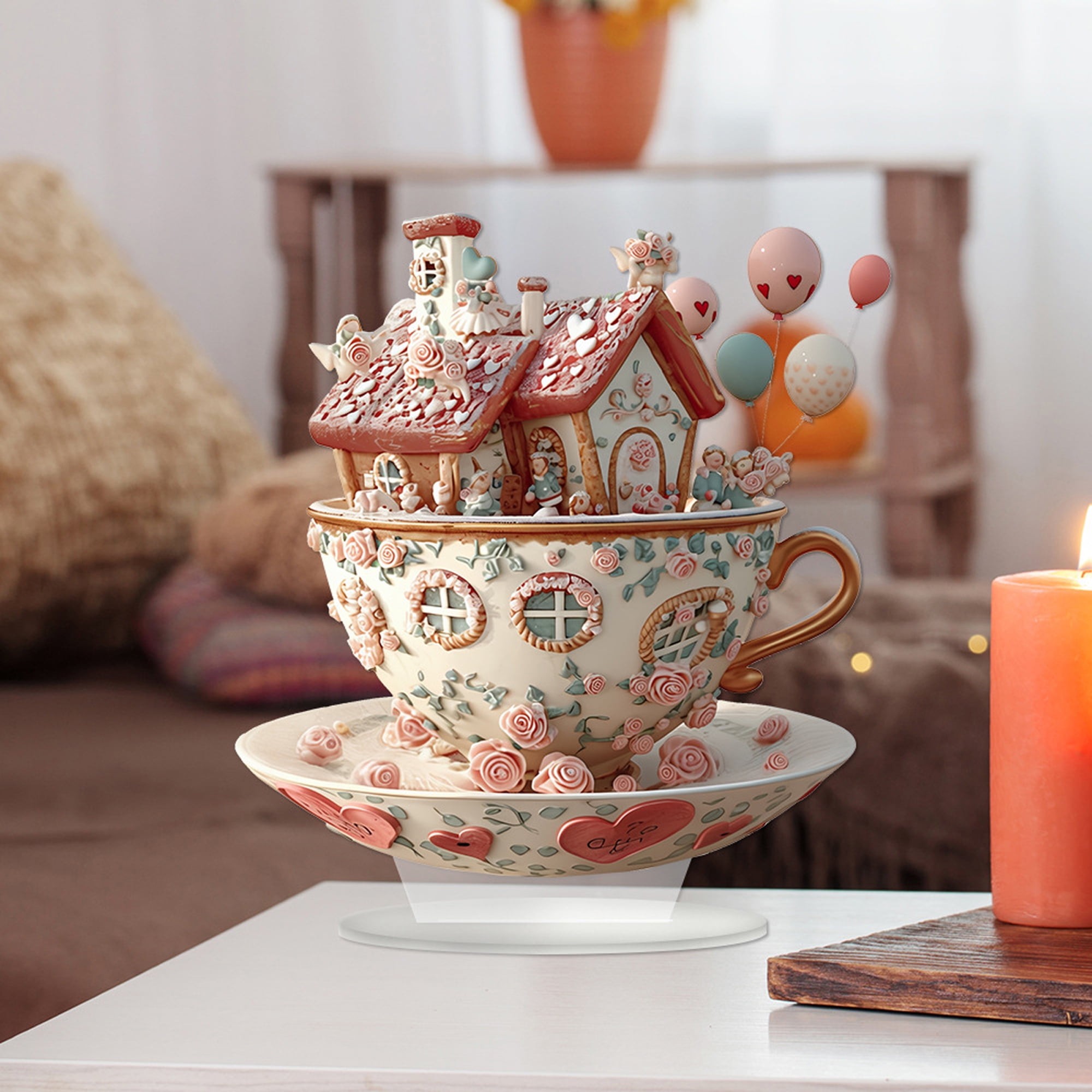 Miucchy Desk Tea Cup Decorations, Cute House Tea Cup Figurine Signs ...