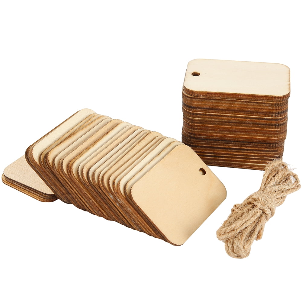 Miuline 50 Pieces Wooden Rectangle Craft Shape Tag with Hole DIY Square ...