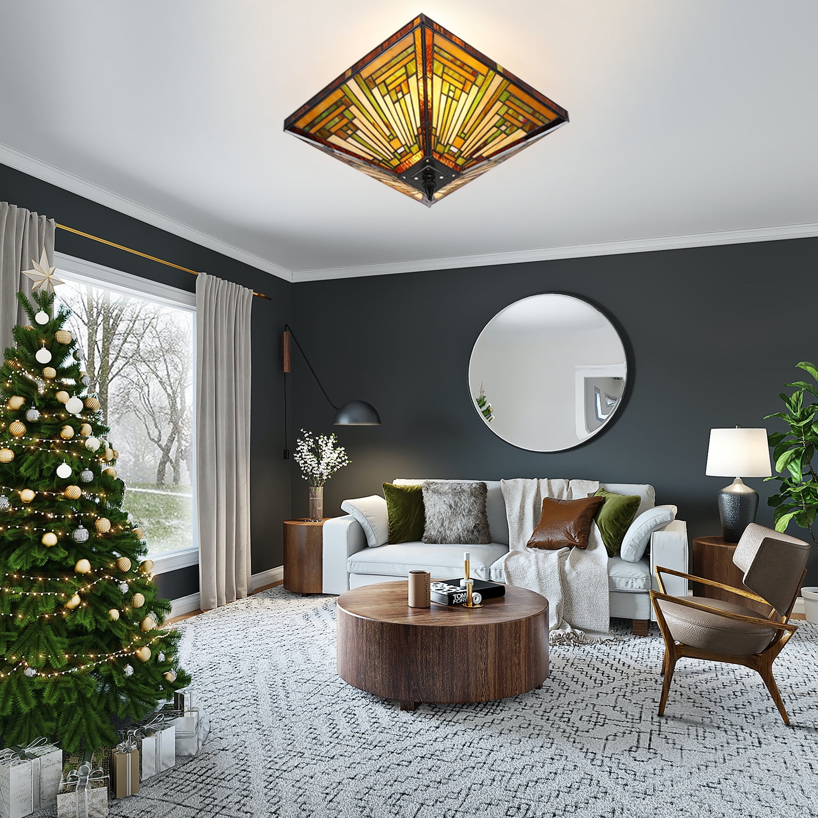 Miumaeov 14-inch Tiffany Semi Flush Mount Ceiling Light, Stained Glass ...