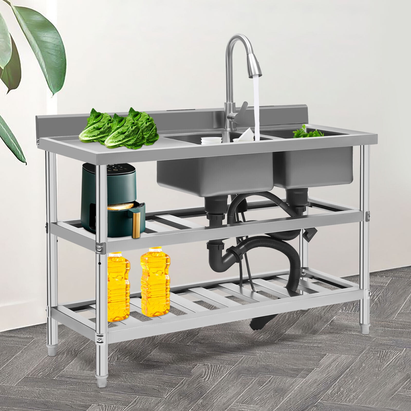 Miumaeov 2 Compartment Commercial Stainless Steel Sink with Workbench ...