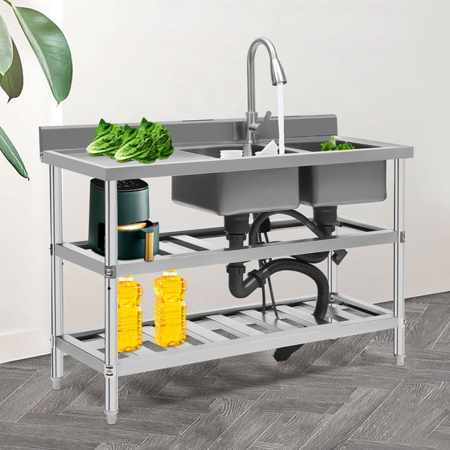 Miumaeov 2 Compartment Commercial Stainless Steel Sink with Workbench ...