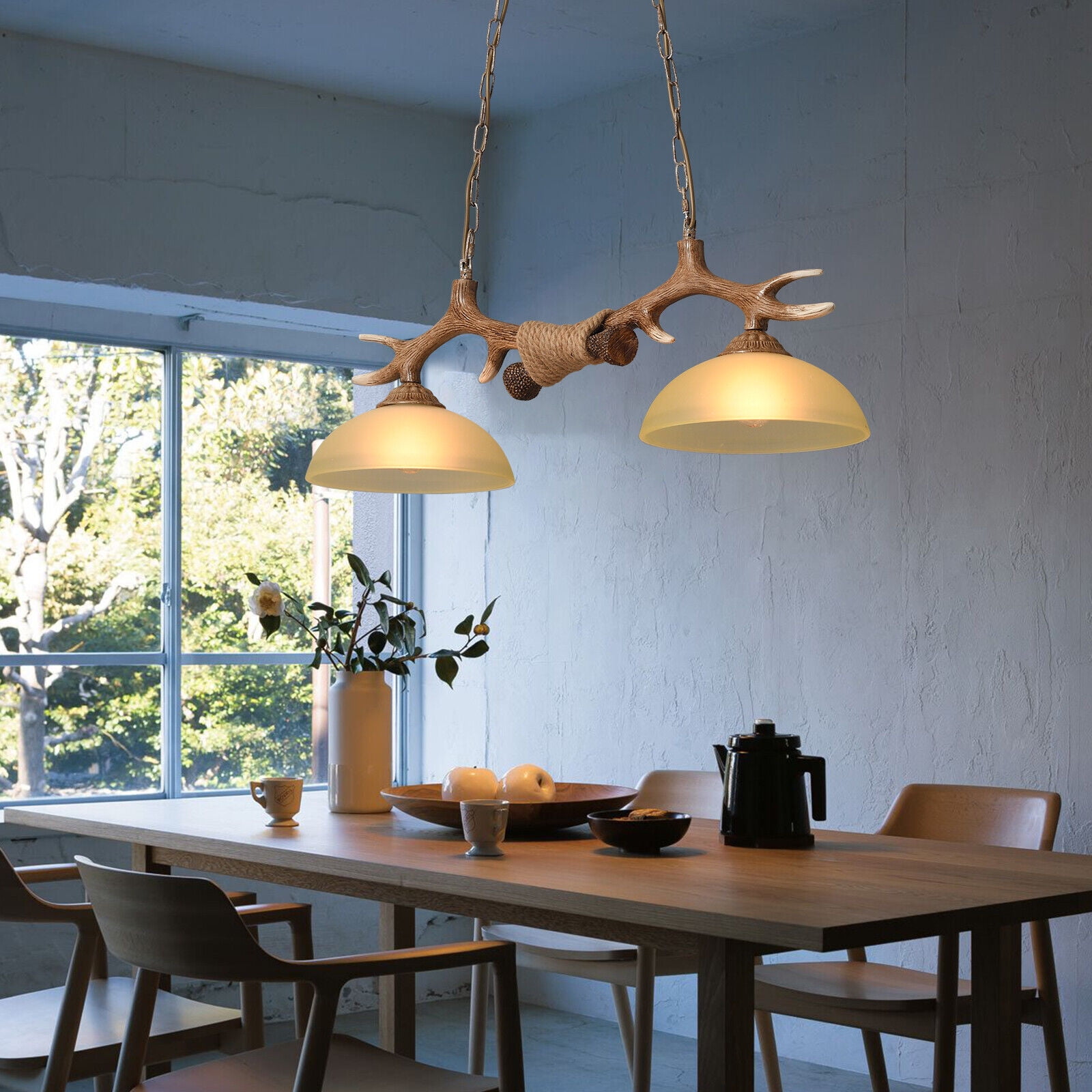 Miumaeov 2 Heads Retro Deer Horn Chandelier Hanging Pendant Light Resin ...