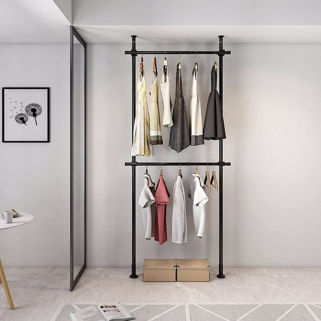 Miumaeov 2 Tier Adjustable Clothes Rack Hanger Telescopic Wardrobe ...