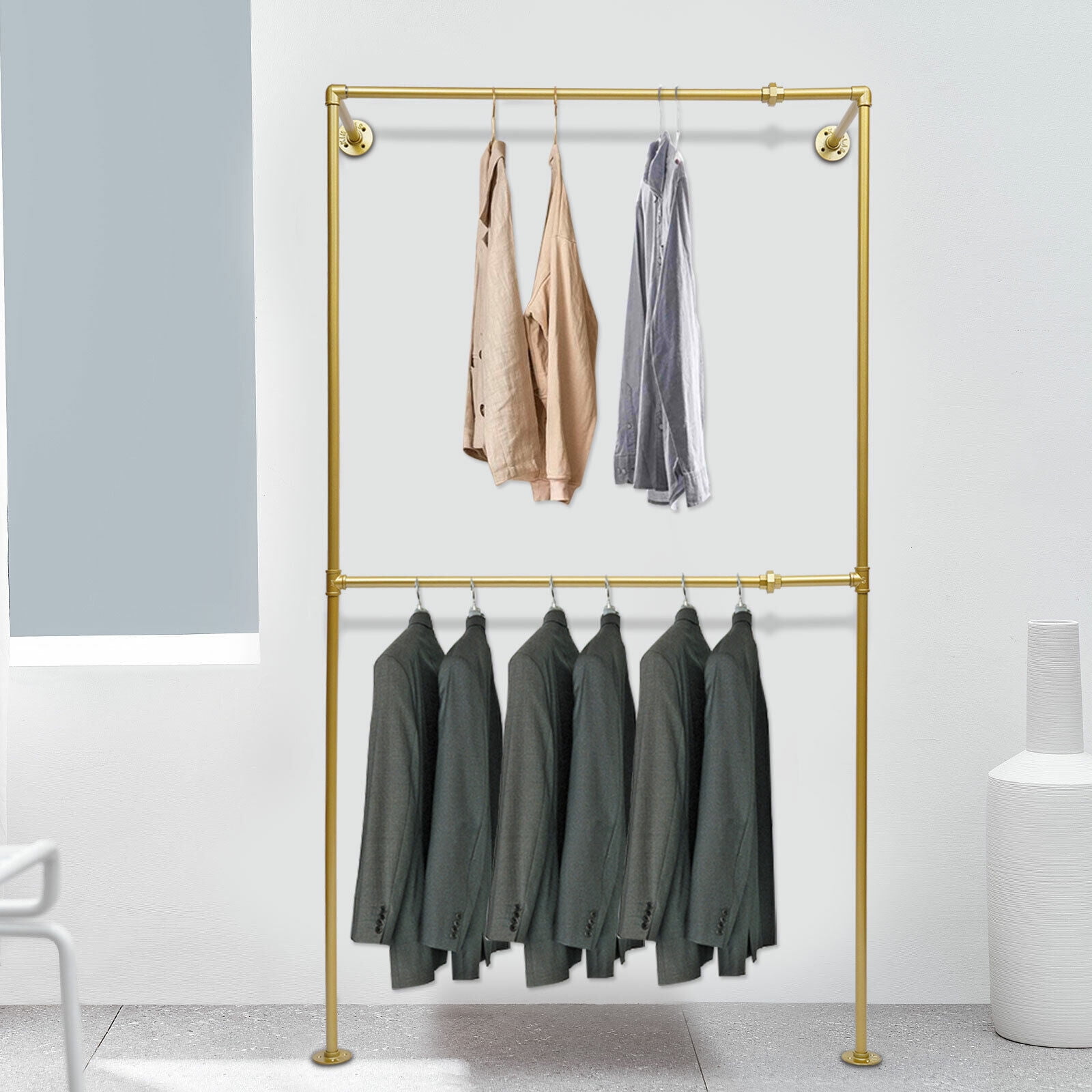 Miumaeov 2 Tiers Wall Mounted Clothes Rack Industrial Pipe Gold Metal ...