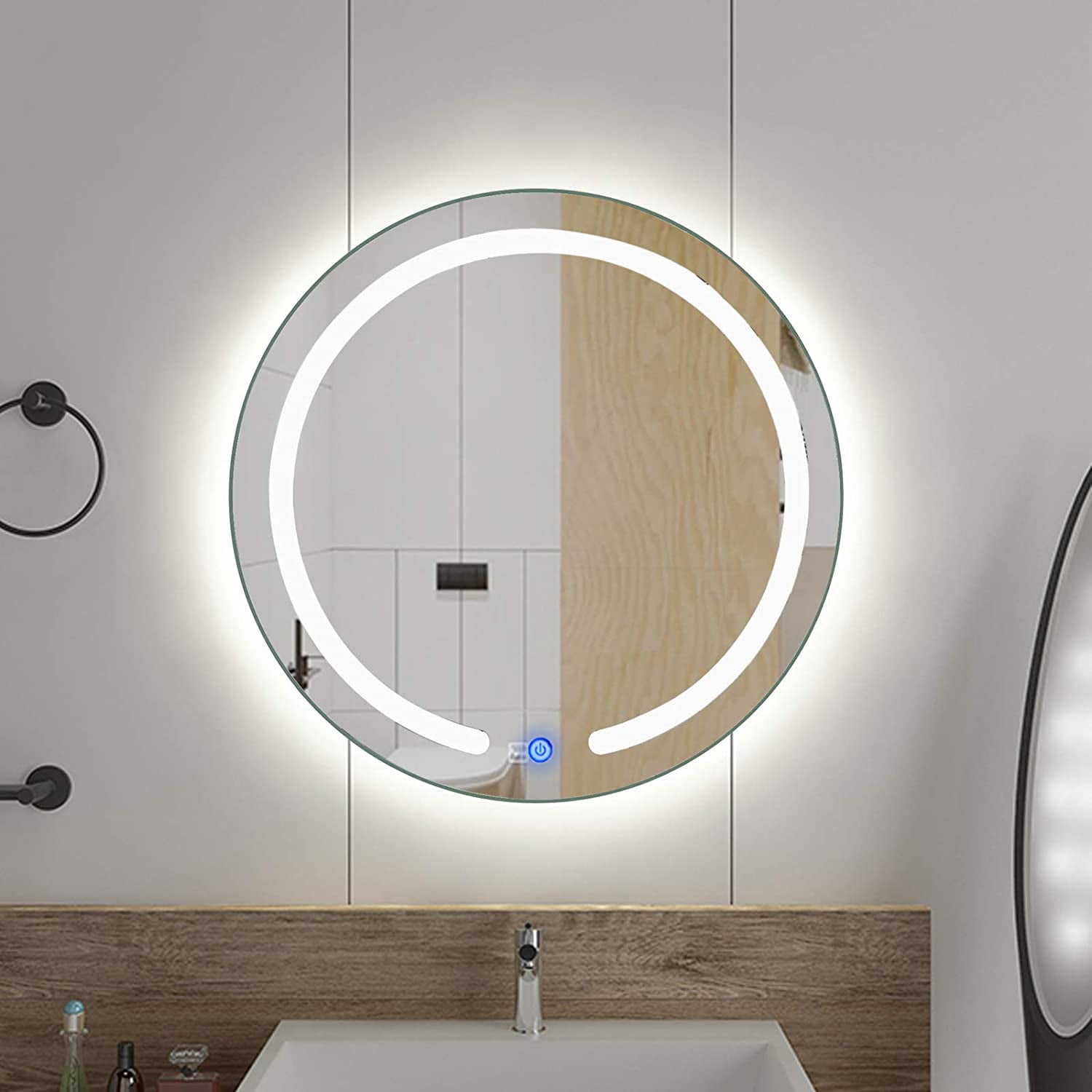Miumaeov 20" Round LED Light Touch Button Mirror Wall Mount Illuminated ...