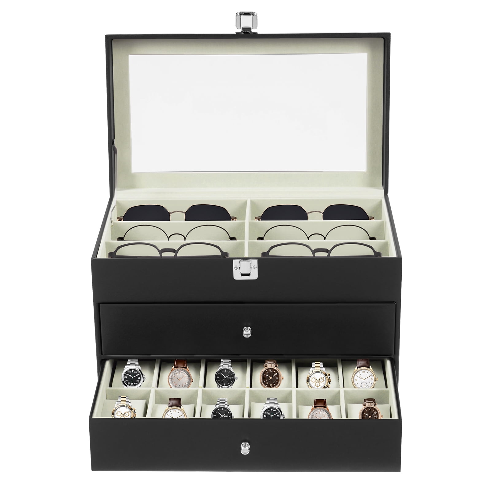 Miumaeov 3-Layer Black Leather Watch Box, 12 Watches Storage Box and 12 ...