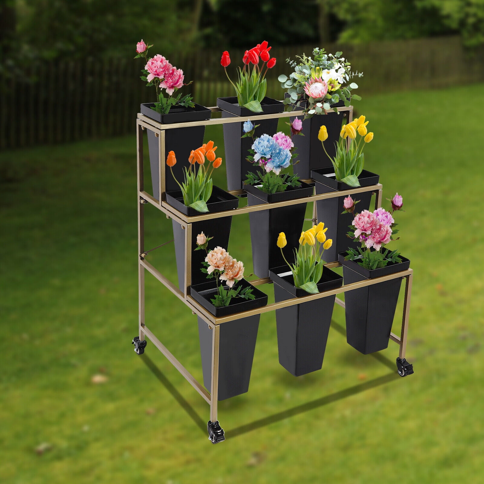 Miumaeov 3-Layers 9-Buckets Flower Display Stand Movable Trapezoid ...
