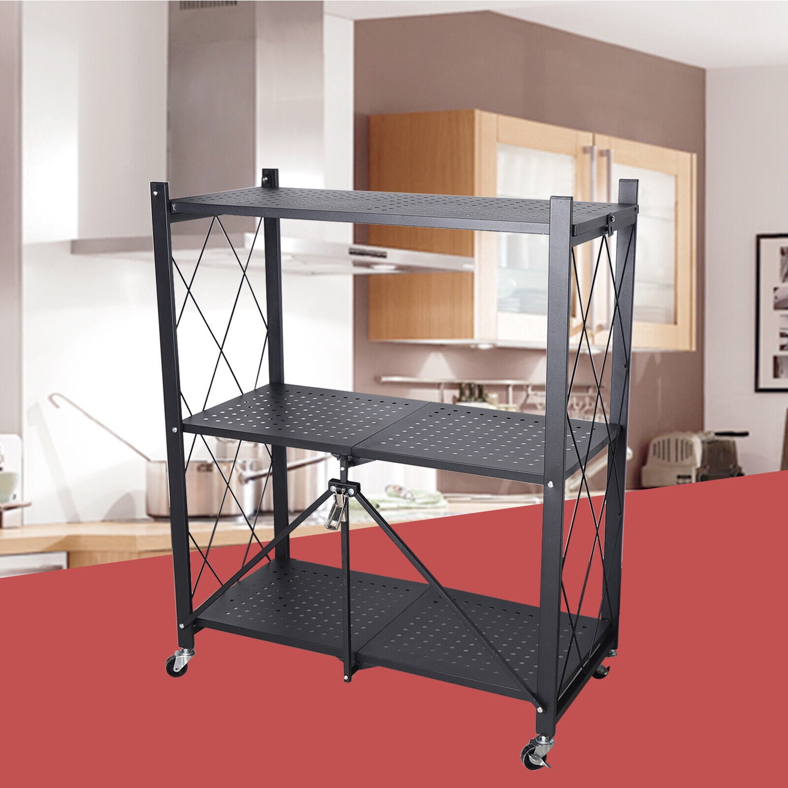 Miumaeov 3-Tier Kitchen Foldable Metal Rolling Trolley Cart Movable ...