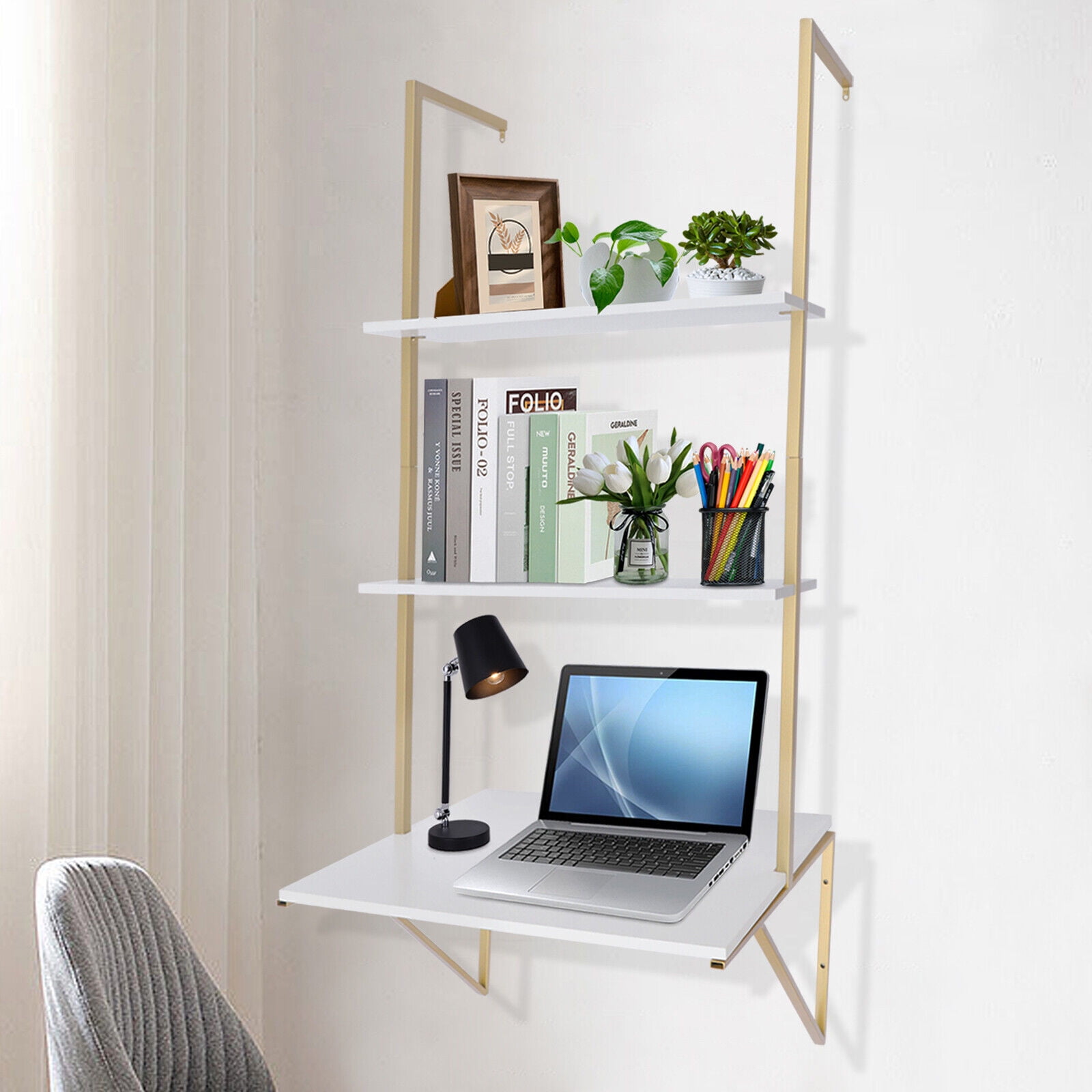 Miumaeov 3 Tier Ladder Shaped Desk Wall Mounted Shelf Floating Hanging ...
