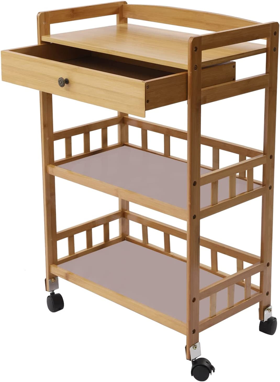 Miumaeov 3-Tier Serving Cart with Drawer, Bamboo Kitchen Storage Rack ...