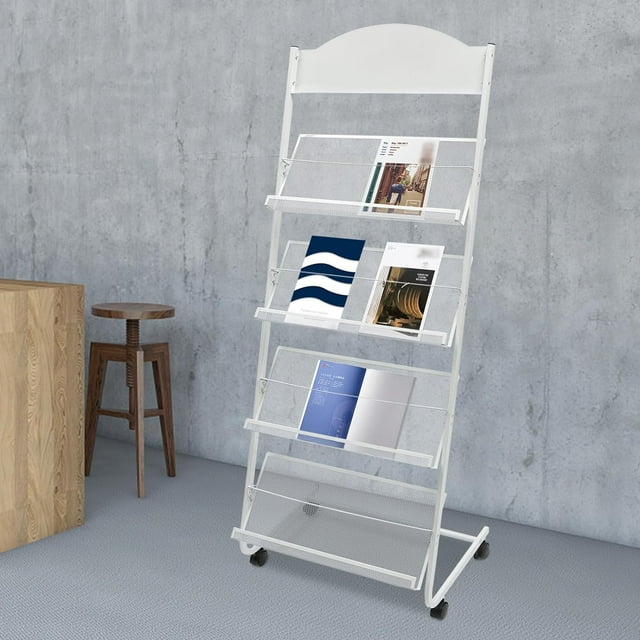 Miumaeov 4-Layer Floor-Standing Magazine Rack Metal Wheeled Newspaper ...