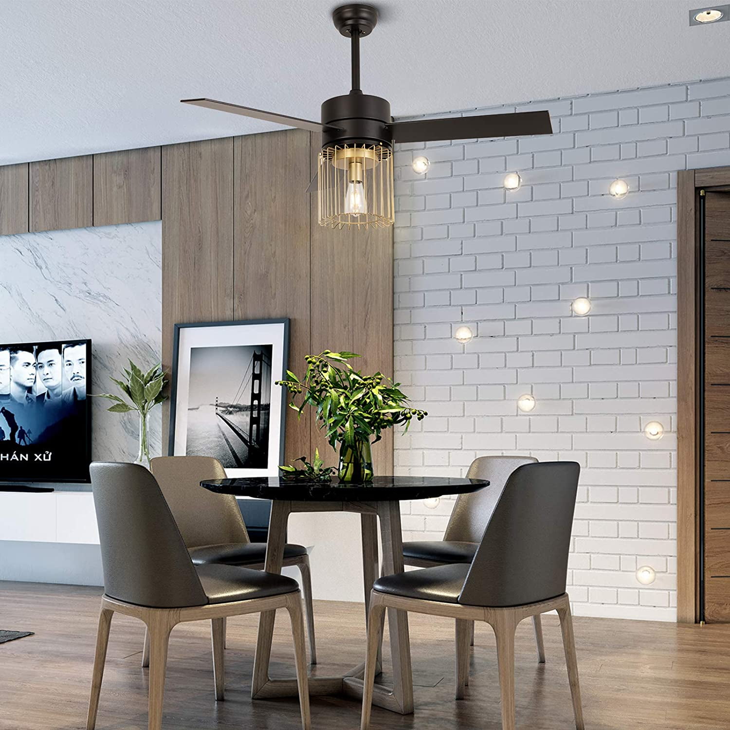 Miumaeov 48in Ceiling Fan Light with Remote, Gold Metal Wire-Cage ...