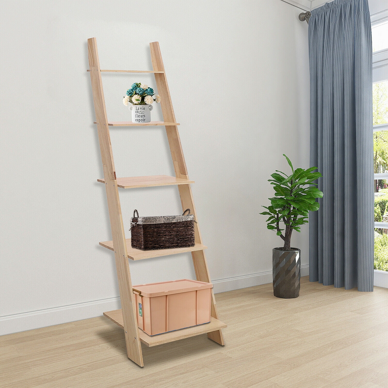 Miumaeov 5 Tier Ladder Shelf Storage Rack Solid Wood Stand Bookshelf ...