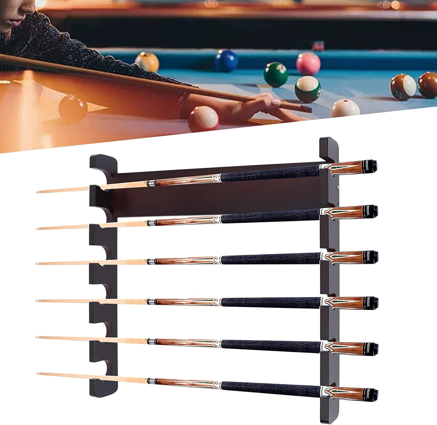 Miumaeov 6 Sticks Pool Wall Mounted Rack Billiard Cue Holder Horizontal ...