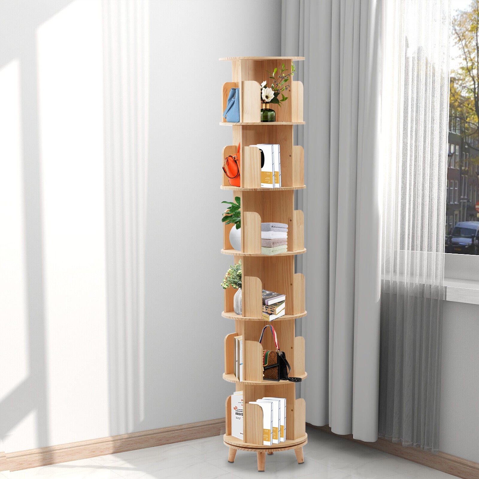 Miumaeov 6 Tier Rotating Bookshelf Bookcase Storage Rack Floor-Standing ...