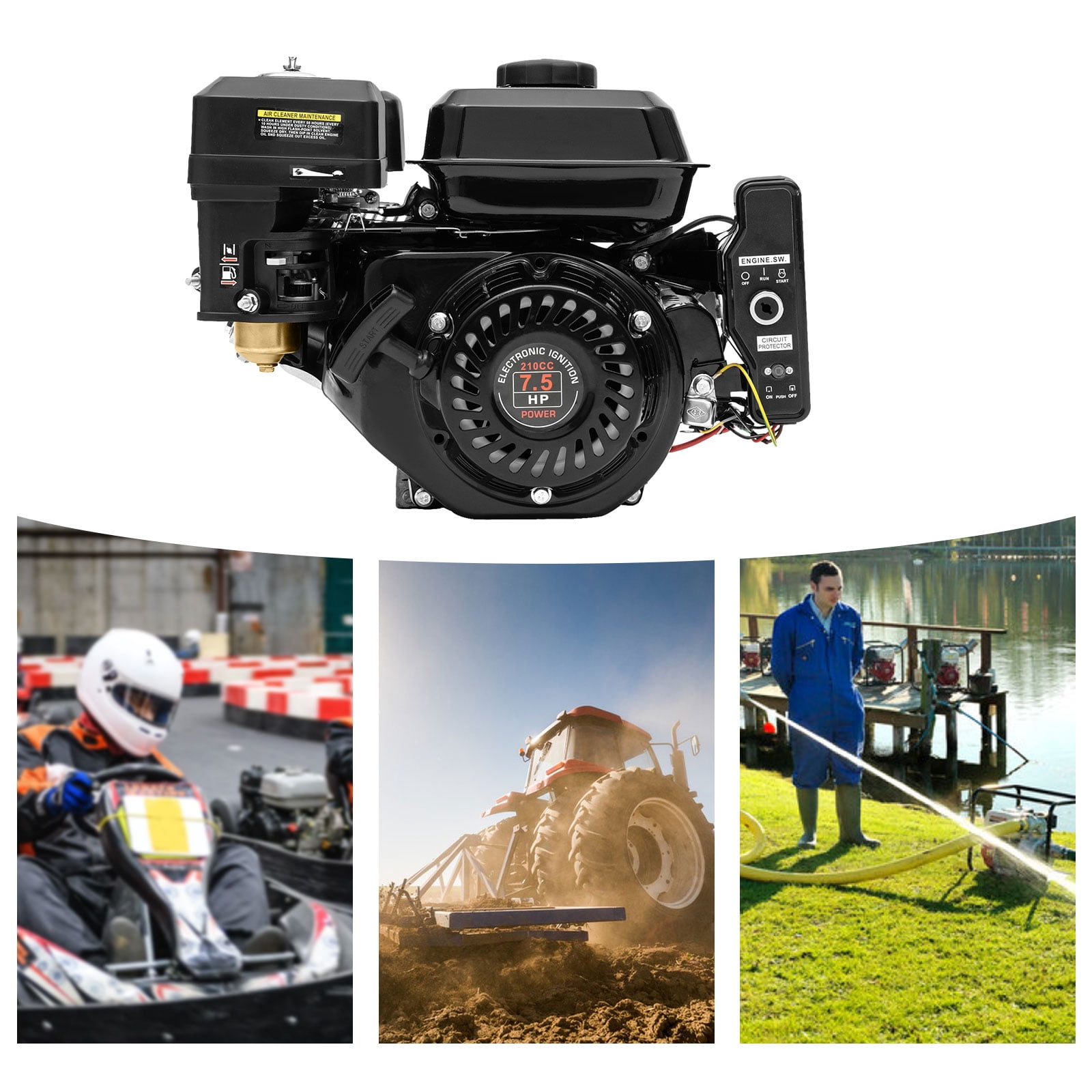 Miumaeov 7.5HP 210CC Gas Engine with Electric Start, Horizontal Shaft ...
