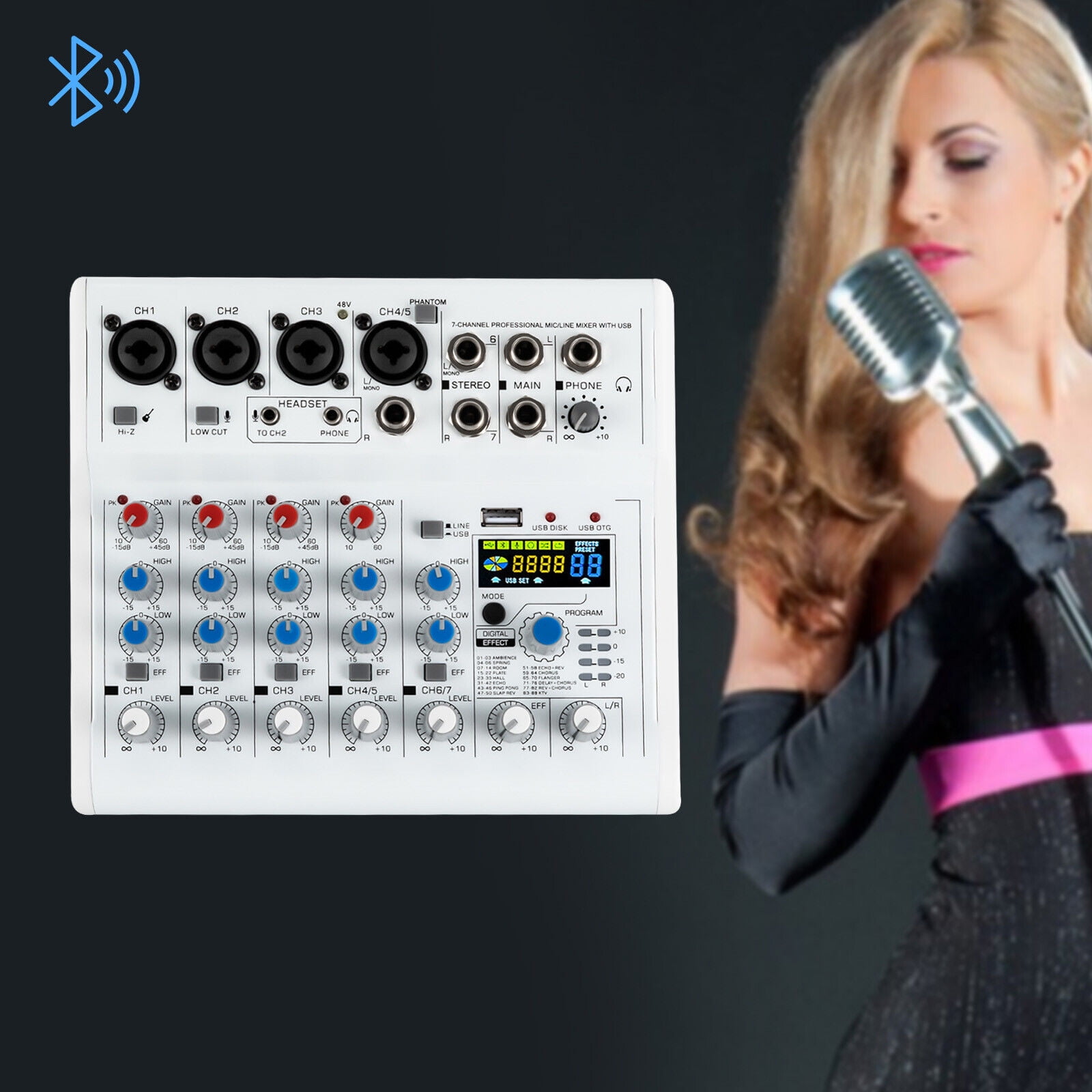 Miumaeov 7 Channel Bluetooth DJ Mixer 8 Kinds of DSP Digital Effects ...