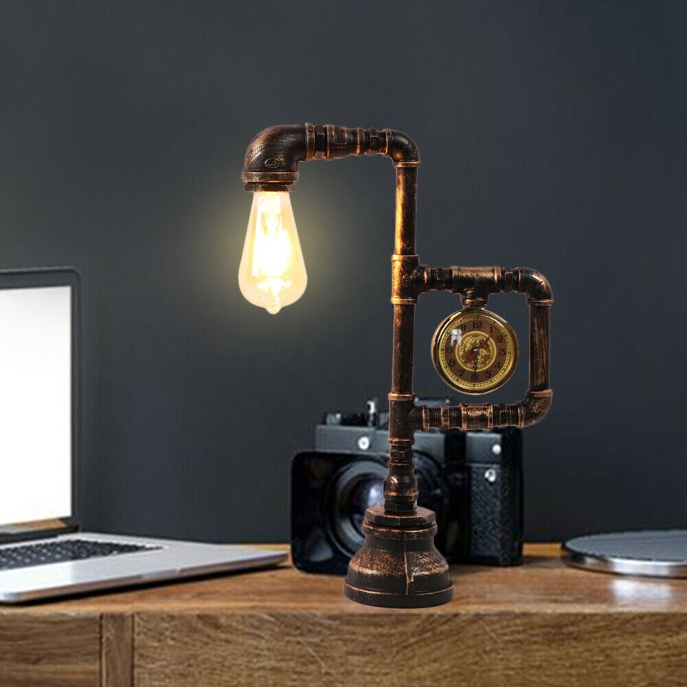 Miumaeov Antique Brass Single Lamp LED Table Lamp with Clock Water Pipe ...