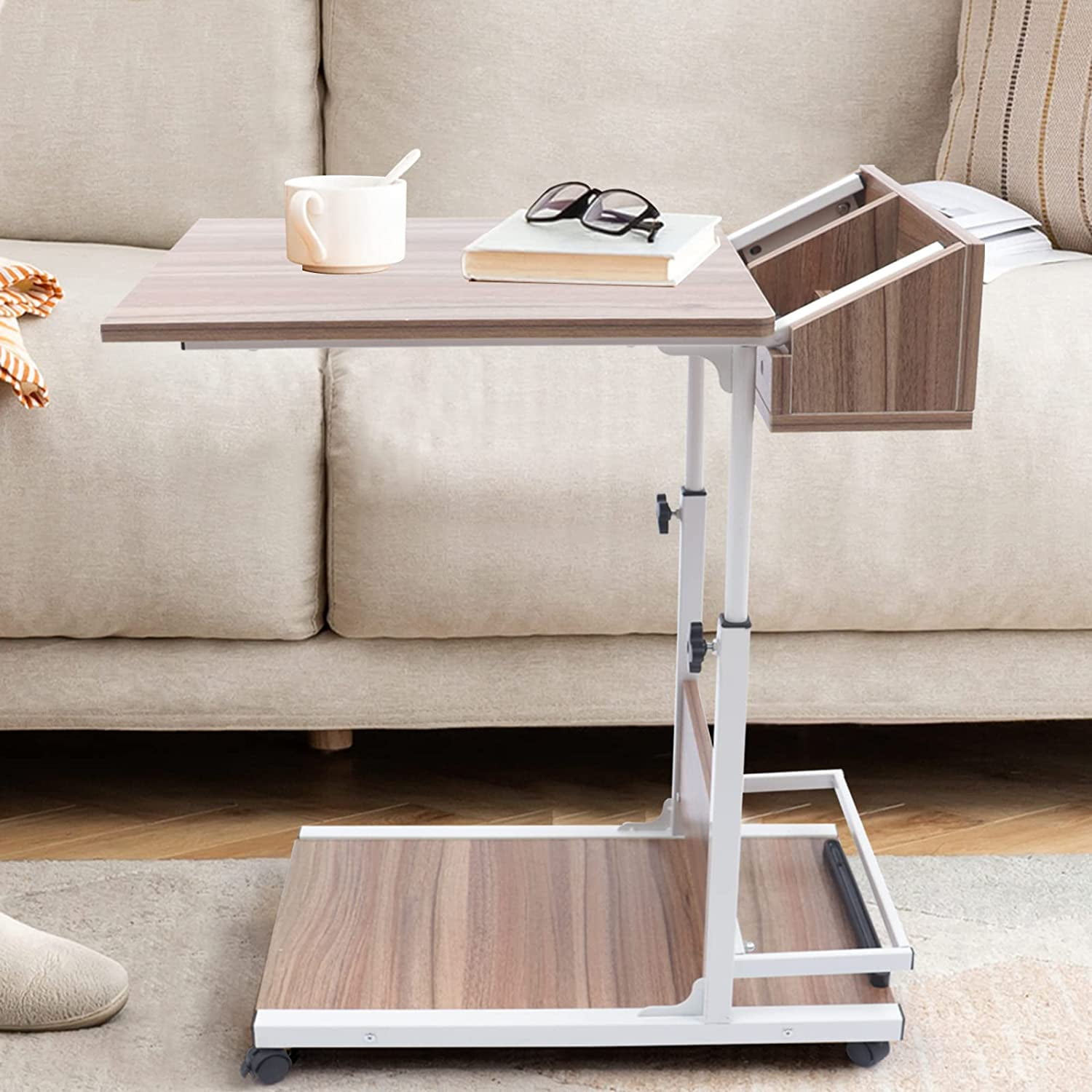 Adjustable rolling side table store