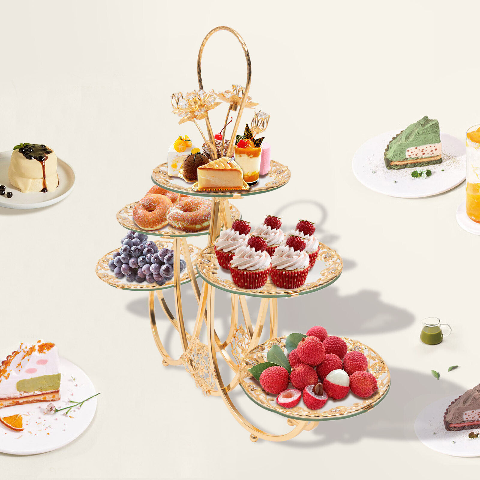 Miumaeov Cake Stand with 5 Plates European Metal Glass Cupcake Stands ...