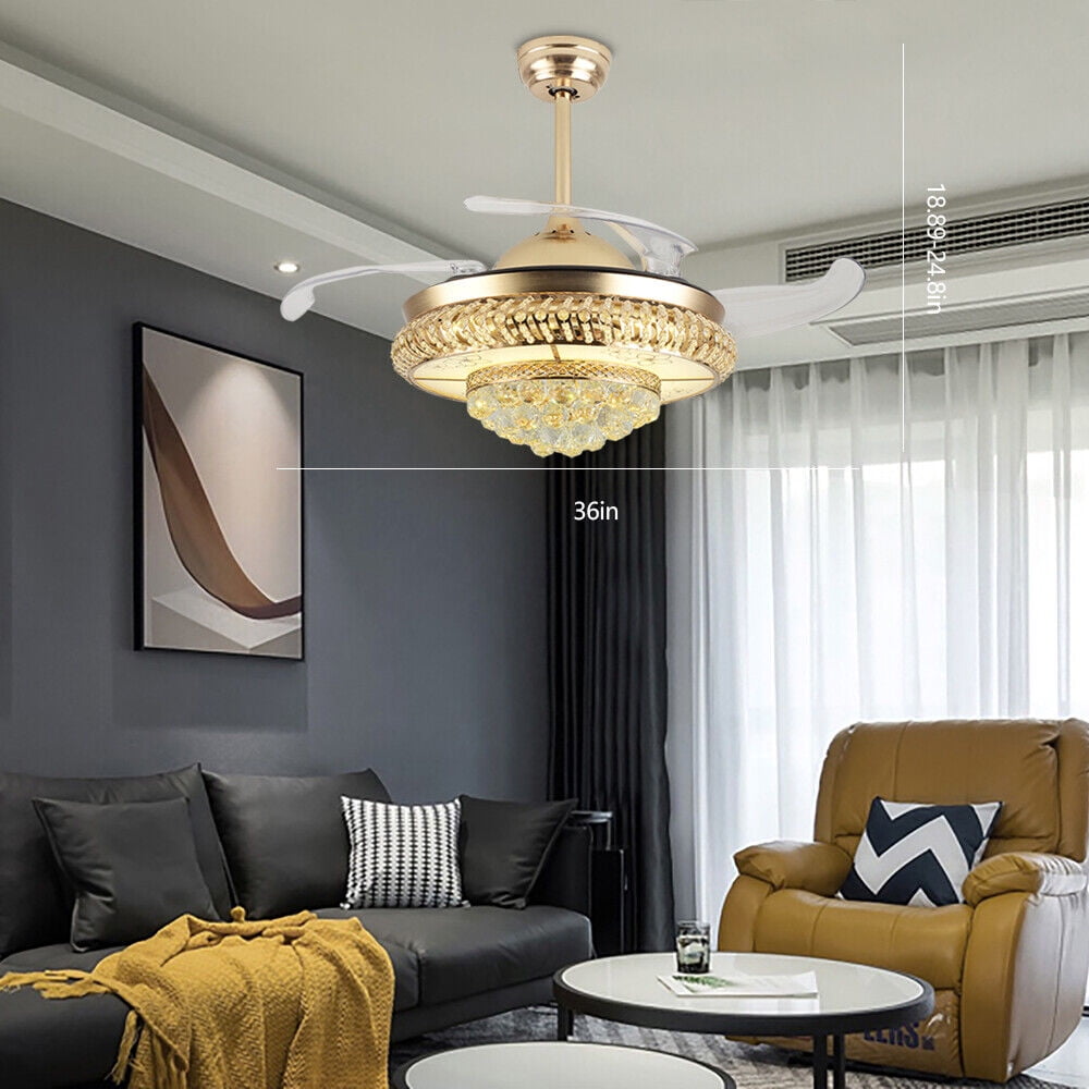 Miumaeov Ceiling Fan with Light Retractable Crystal Ceiling Fan Light Living Room Lamp 3 Color ...