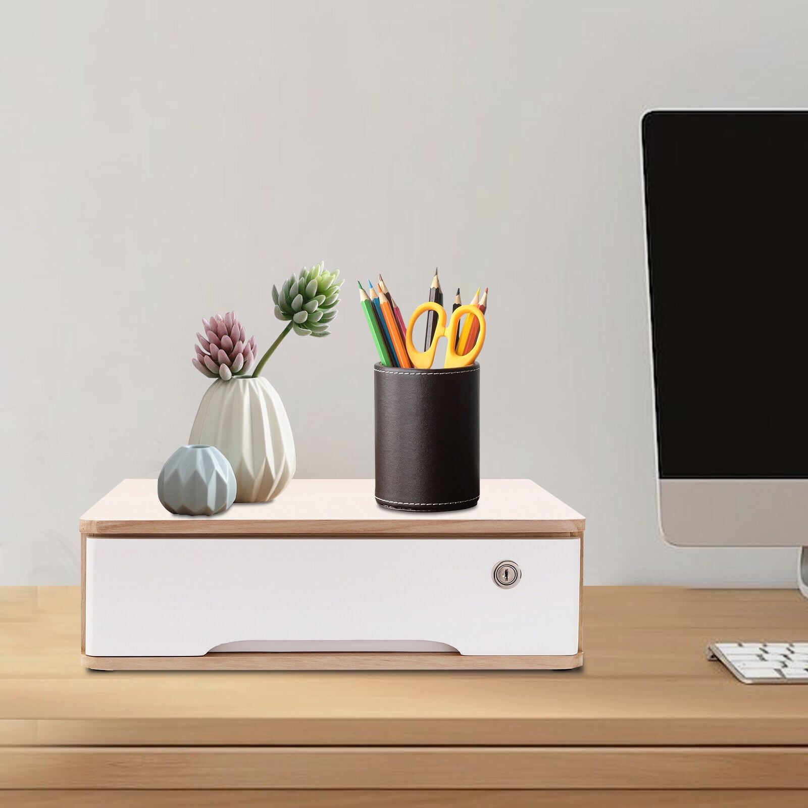 Miumaeov Desktop Storage Box w/ Lockable Drawer Wooden Office Supplies ...