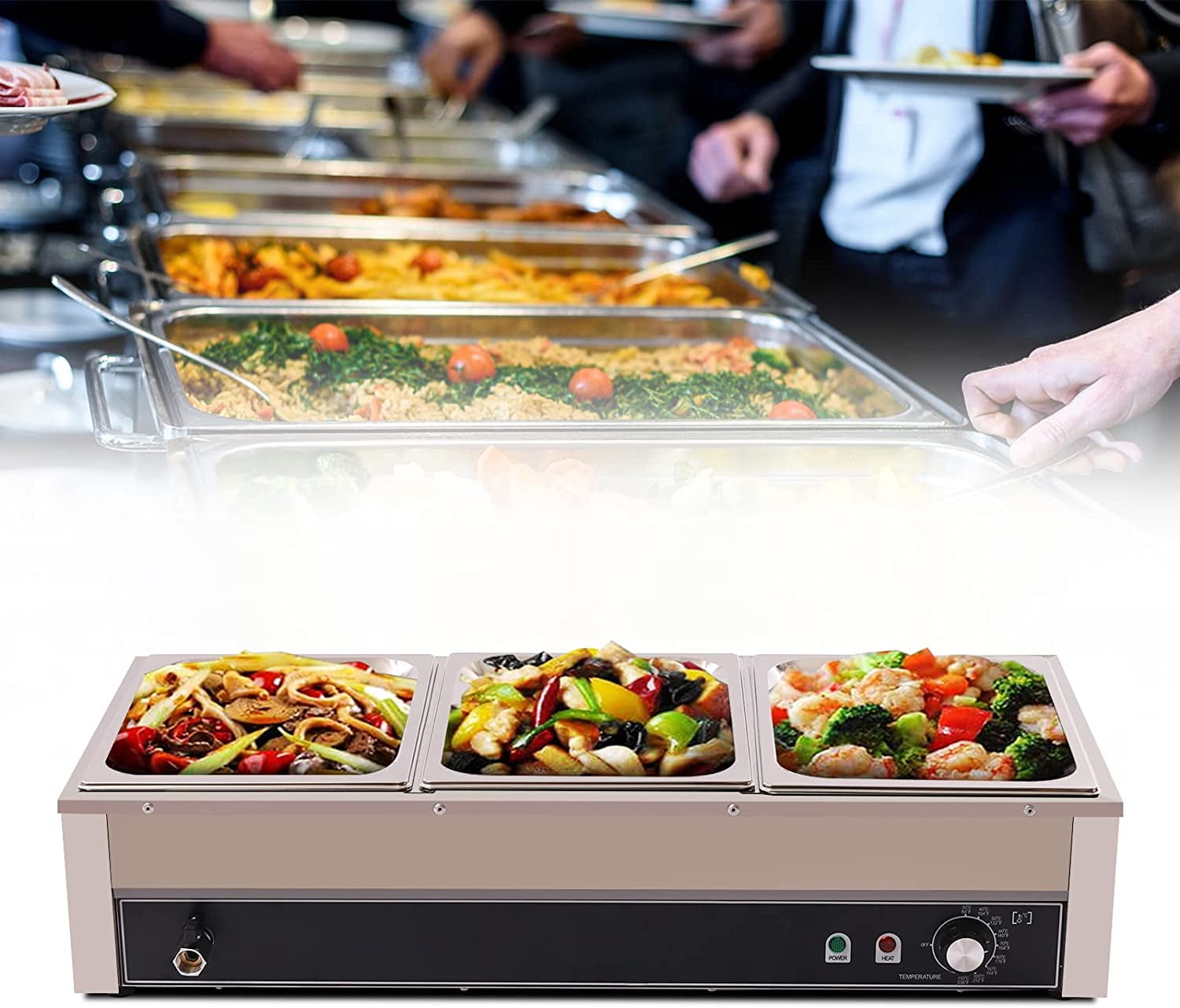 Miumaeov Electric Buffet Server Food Warmer Stainless Steel 3-Pan Table ...