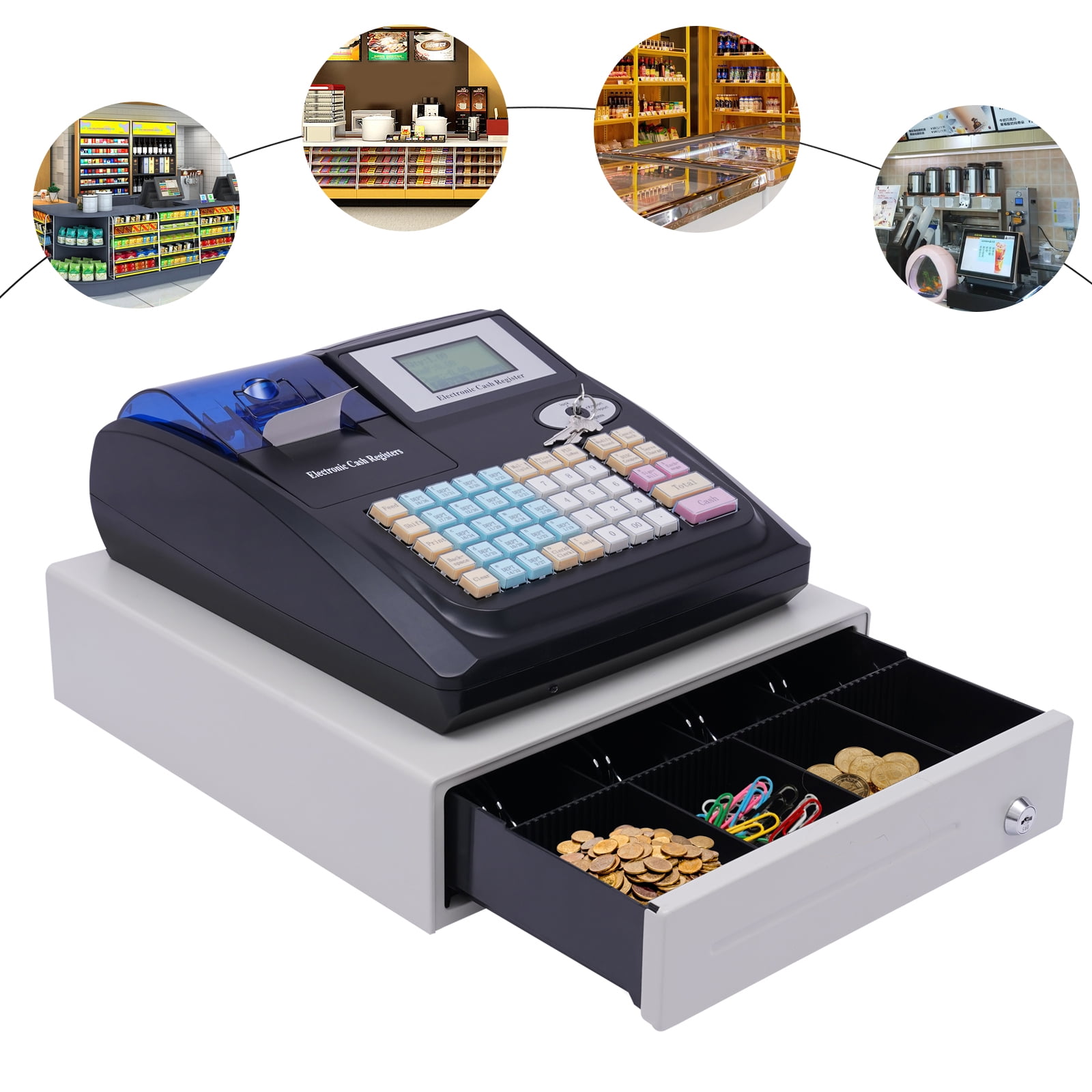 Miumaeov Electronic Cash Register Electronic POS System Cash Register with 48 Keys 8 bit LED Digital Display for Restaurants Supermarkets