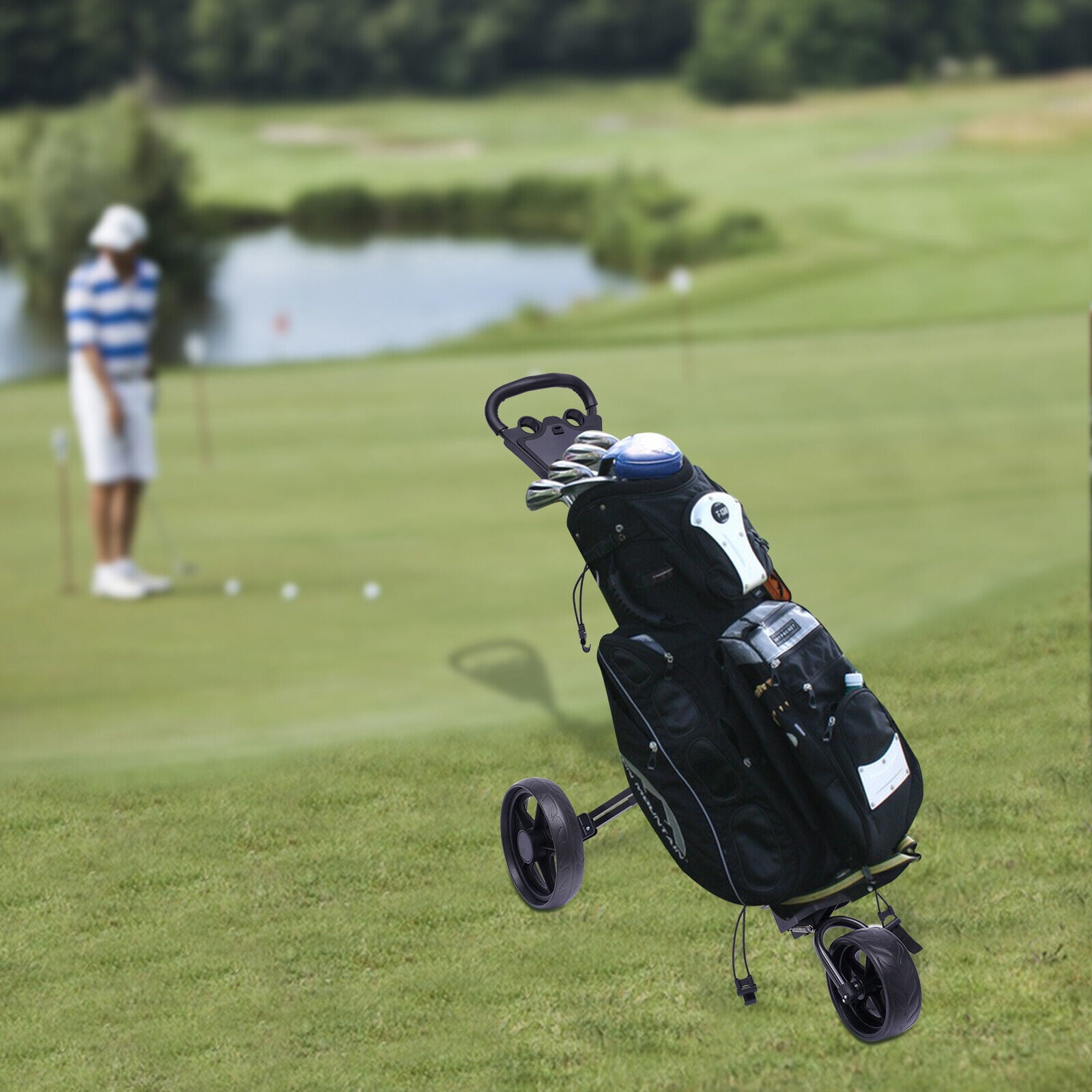 Miumaeov Folding Three Wheel Golf Push Pull Cart w/ Foot Brake ...