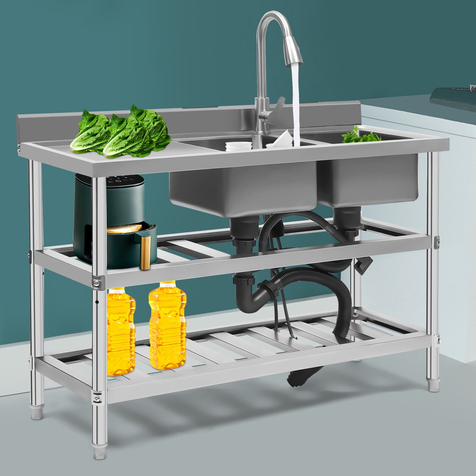 Miumaeov Free Standing Stainless-Steel Double Bowl Kitchen Sink Set ...
