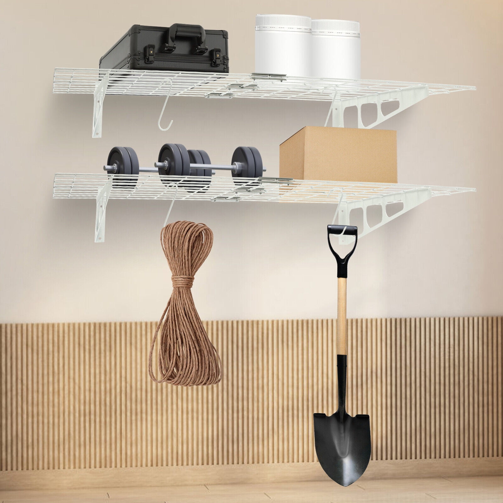 Miumaeov Garage Wall Shelf Garage Storage Rack 24 x 48 inch 400lb 2 pcs Wall Mounted Floating Shelves with 4 Hooks for Tools and Items in Your Warehouse Or Garage White Walmart
