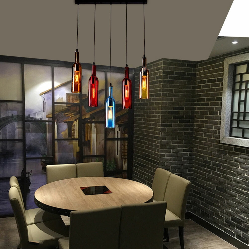 Miumaeov Glass Bottle Chandelier 5-Head Colorful Rustic Industrial Beer ...