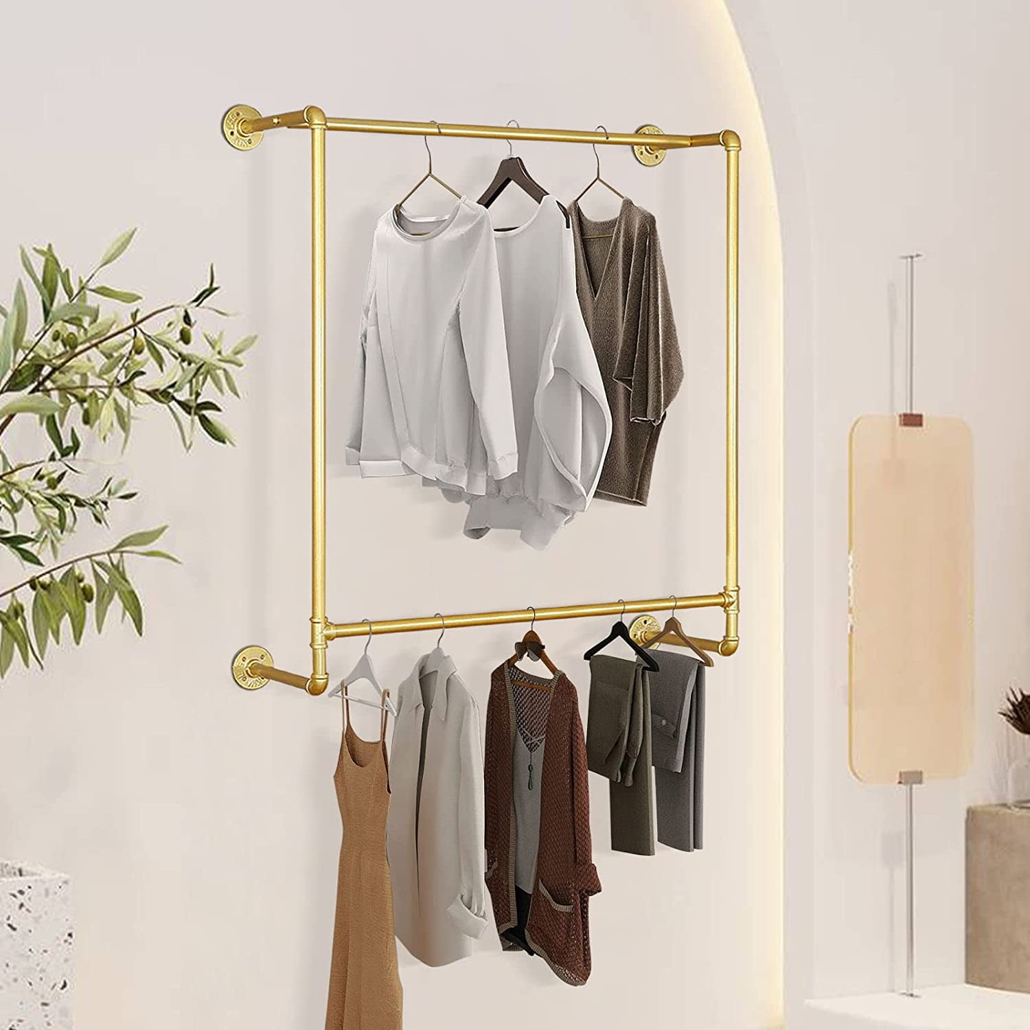 Miumaeov Golden Industrial Iron Pipe Clothing Rack Wall Mounted, Modern ...