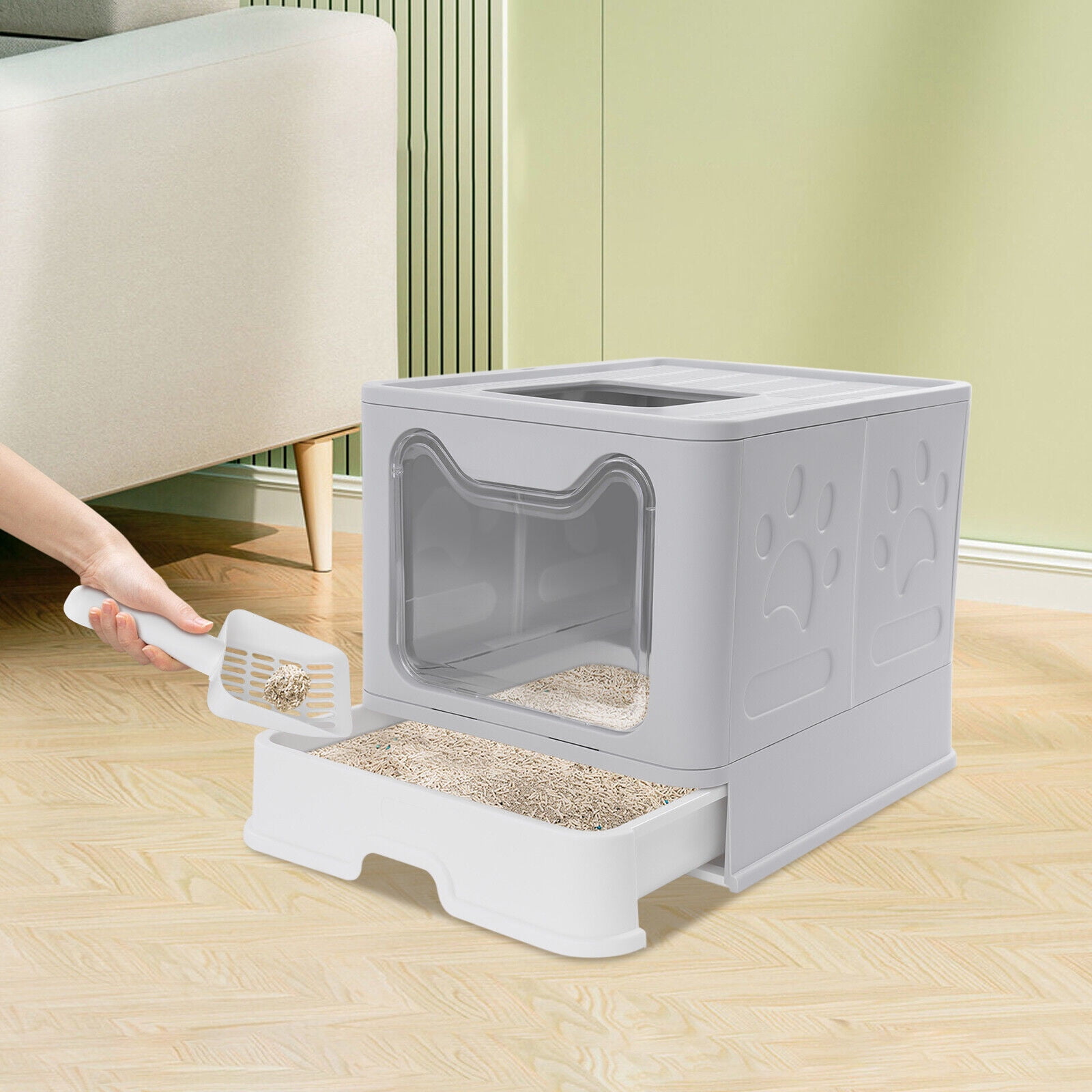 Miumaeov Grey PP Enclosed Extra Giant Cat Litter Box Kitty Toilet ...