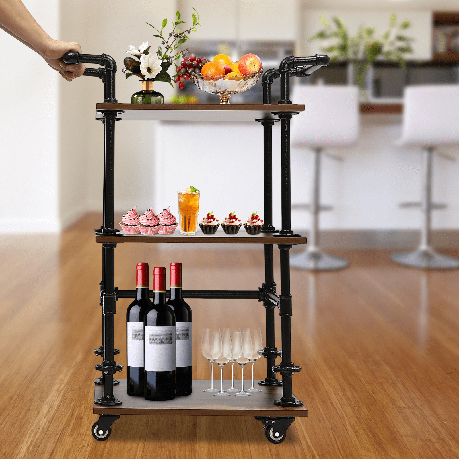 Miumaeov Industrial Rolling Bar Carts and Serving Cart 3-Tier Mobile ...