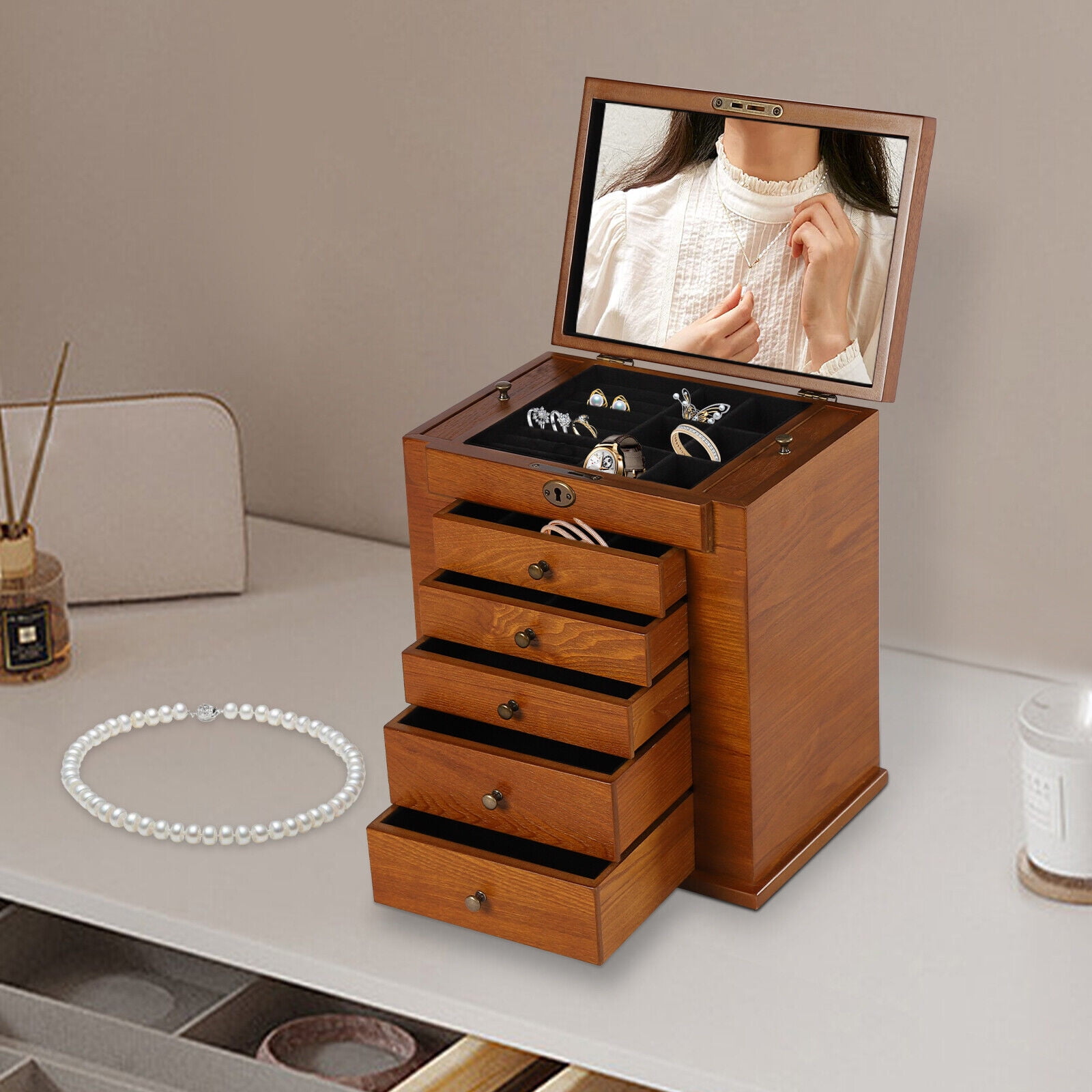 Miumaeov Jewelry Box with Mirror 6-Layer Large Jewelry Storage Case ...