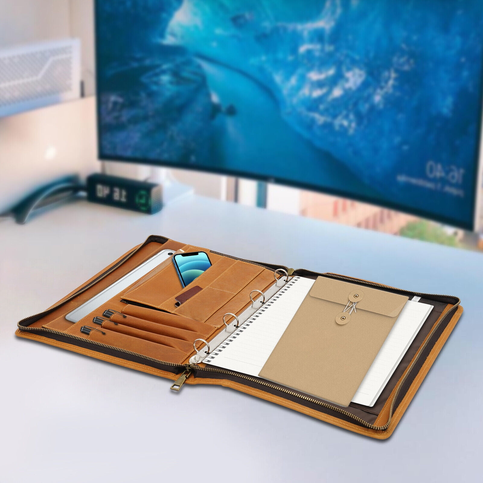 Miumaeov Leather Portfolio Organizer with Zipper Luxury Leather ...
