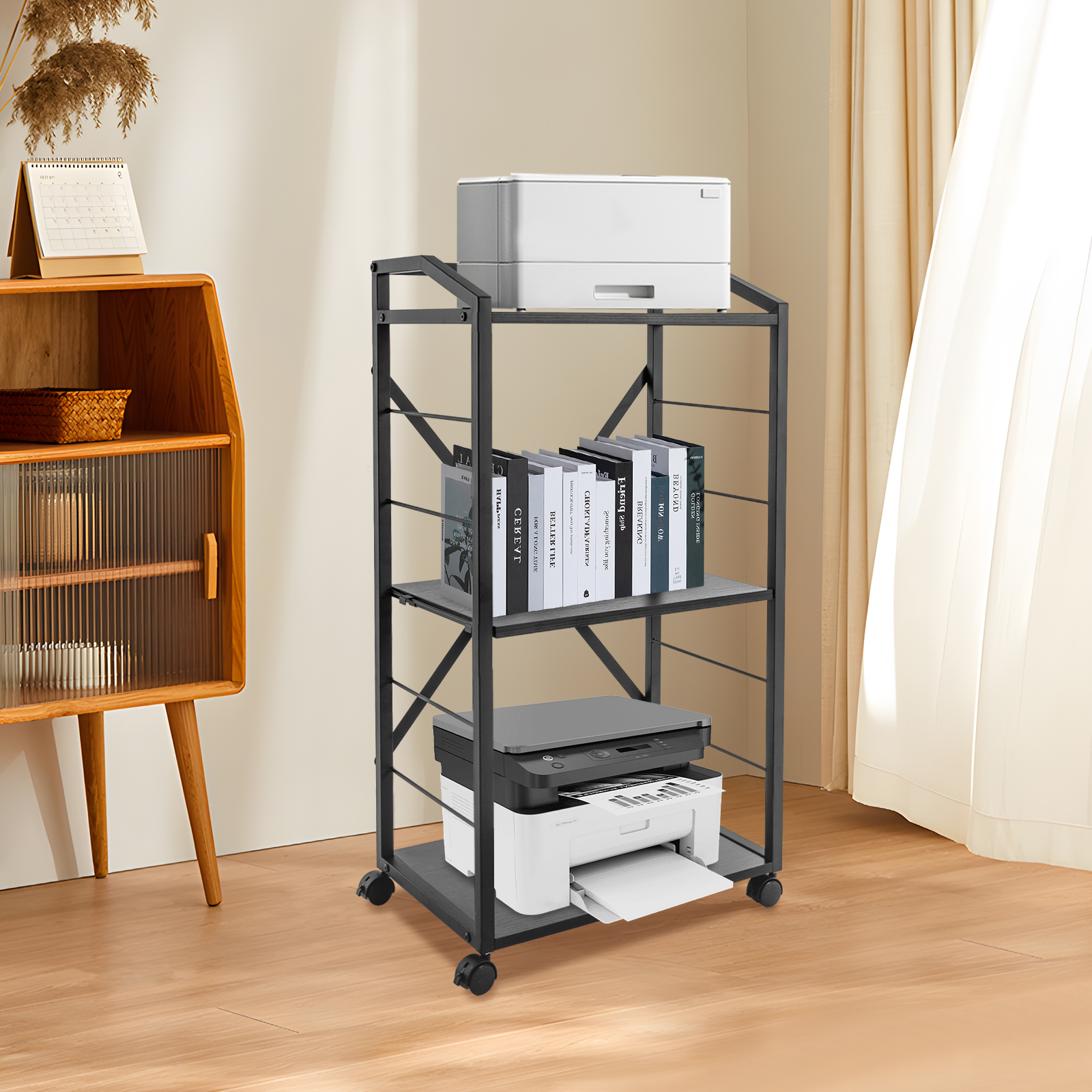 Miumaeov Mobile Printer Stand 3-Tier Printer Shelf with Wheels & Hooks ...