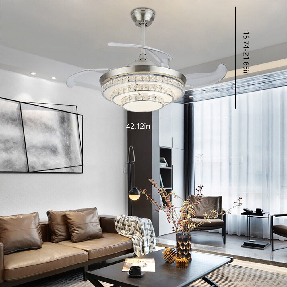 Miumaeov Modern Ceiling Fan Light Dimmable LED Crystal Pendant Lamp 3 Color Changes 3 Fan Speed ...