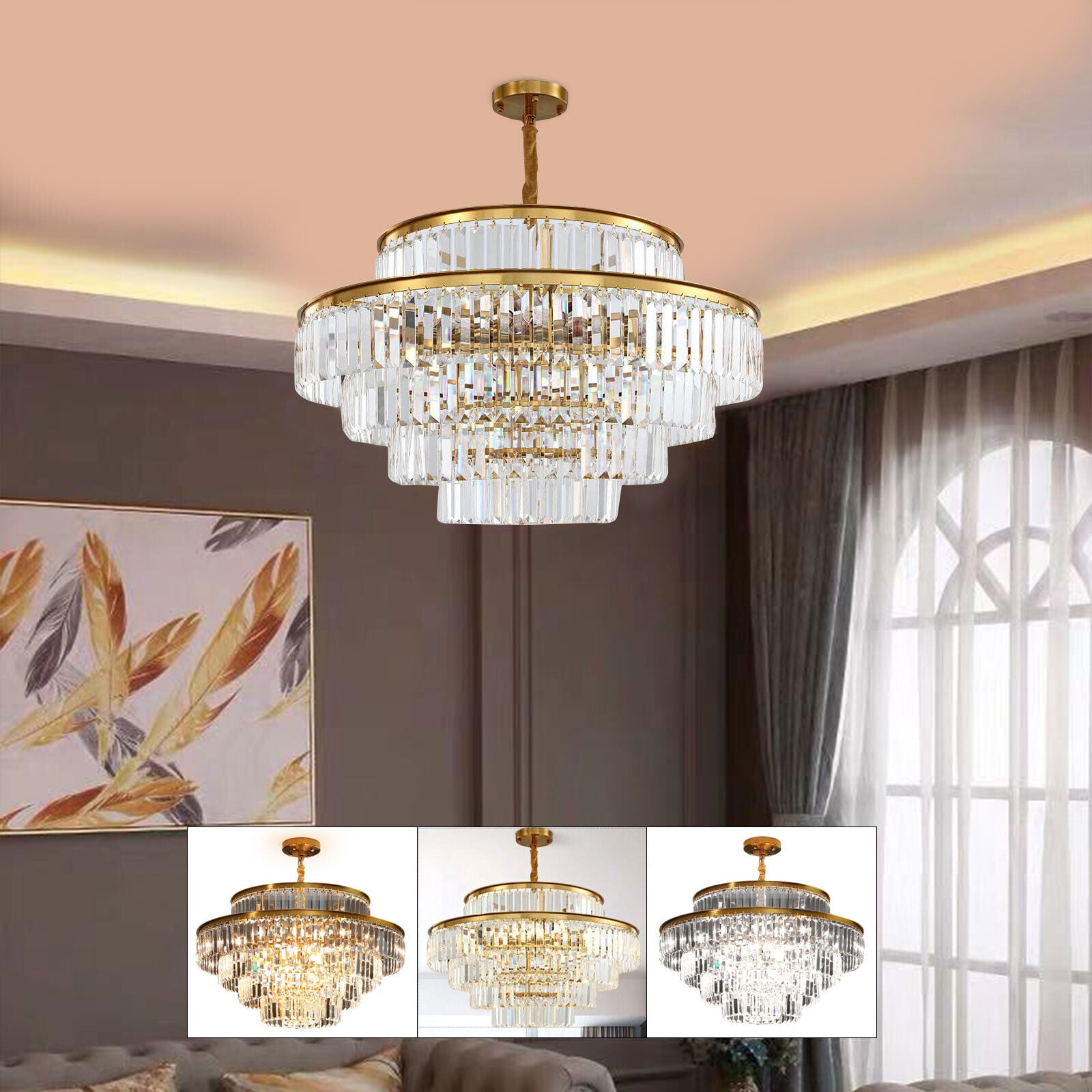 Miumaeov Modern Crystal Chandelier Light 3-Color Adjustable Changeable ...