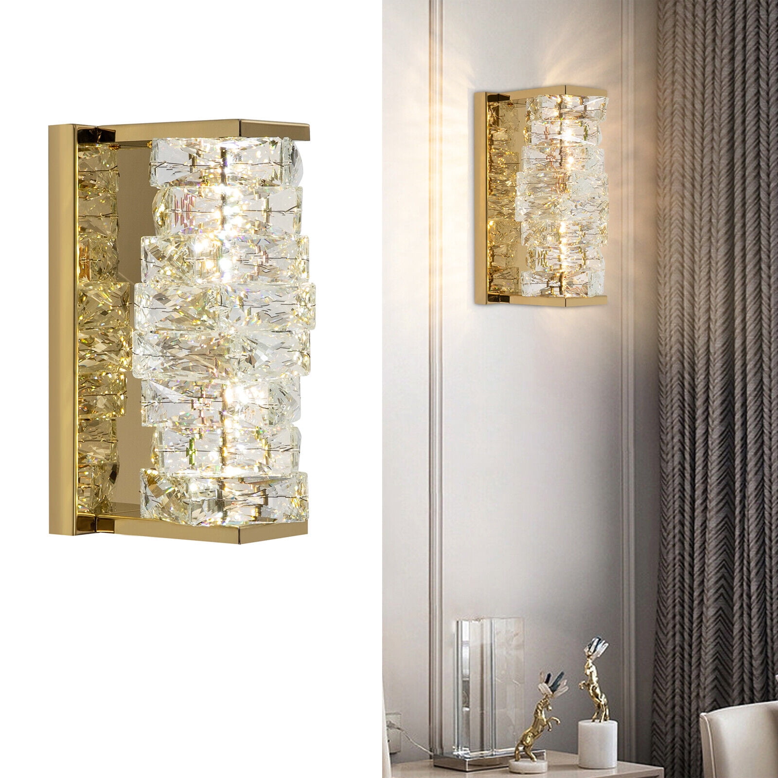 Miumaeov Modern Gold Crystal Wall Lamp LED Wall Light Rectangular Wall ...
